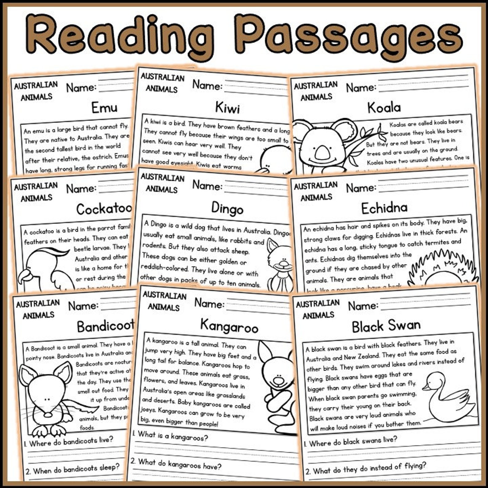 Australian Animals K-2 Reading Comprehension Passages Bundle Homeschool ...