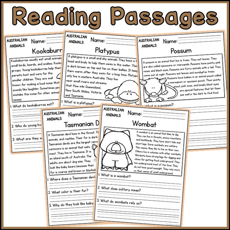 Australian Animals K-2 Reading Comprehension Passages Bundle Homeschool ...