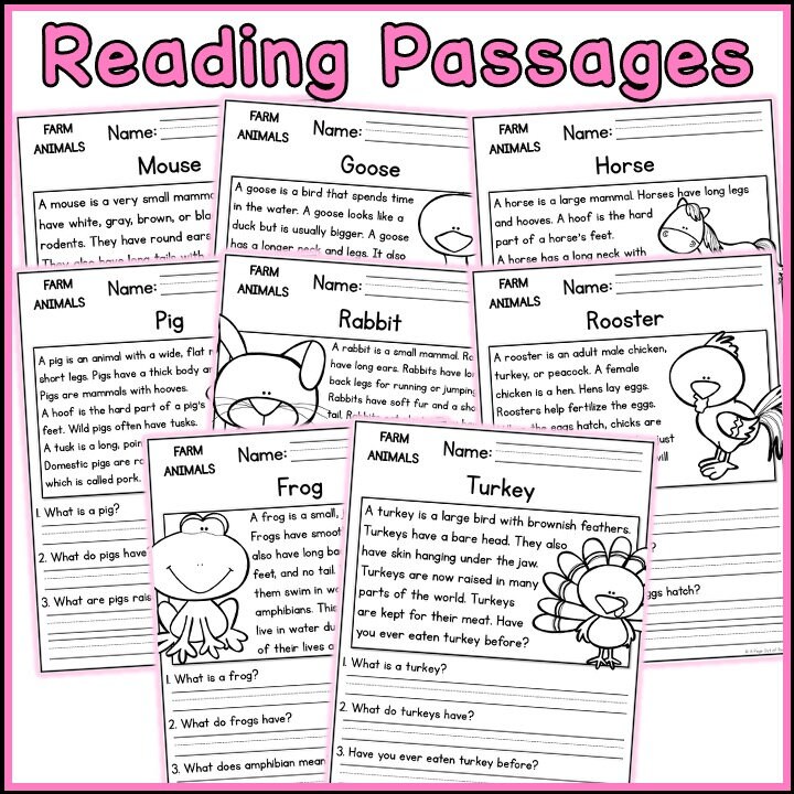 Farm Animals K-2 Reading Comprehension Passages Bundle Homeschool ...