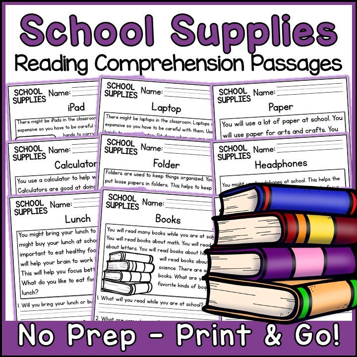 School Supplies Reading Comprehension Passages and Questions Back to ...