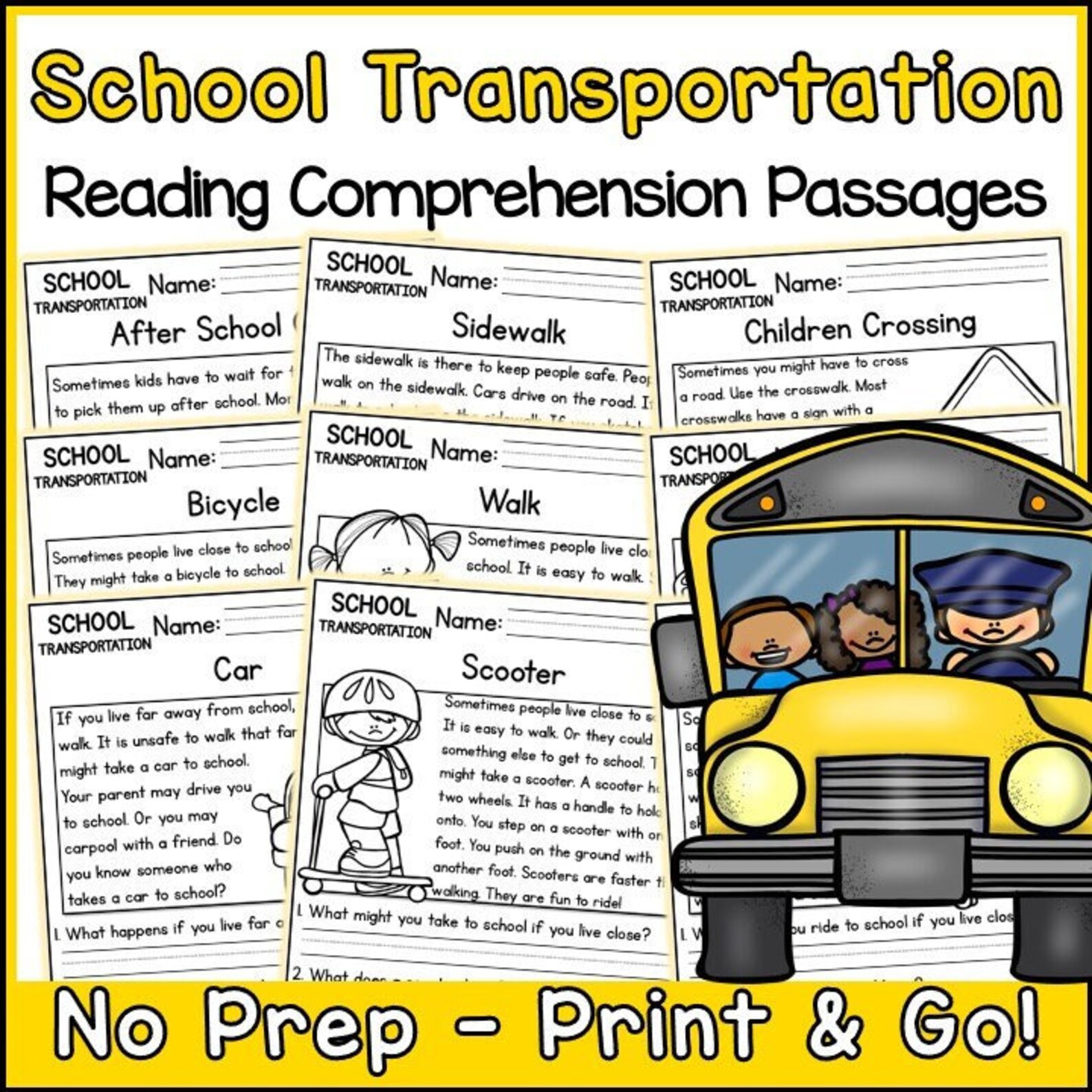 School Transportation Reading Comprehension Passages and Question Back ...