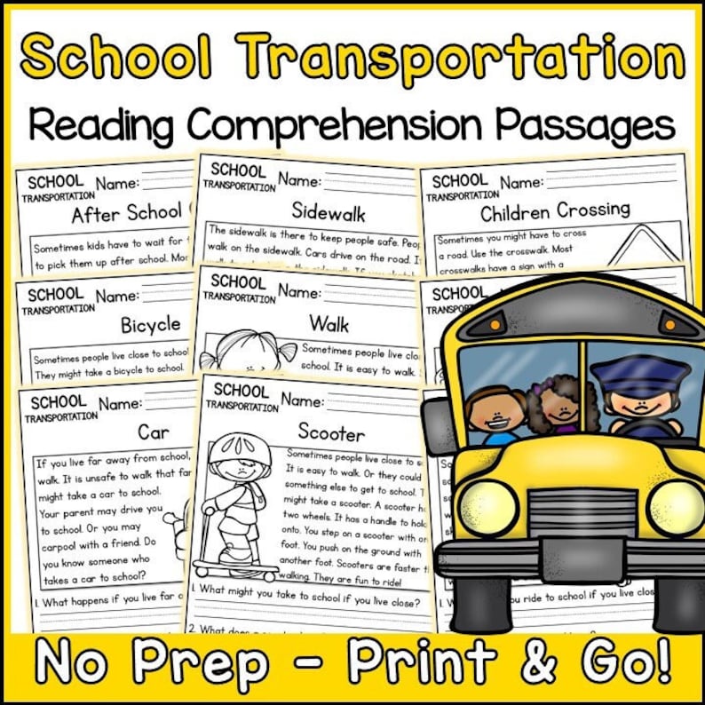 School Transportation Reading Comprehension Passages and Question Back ...