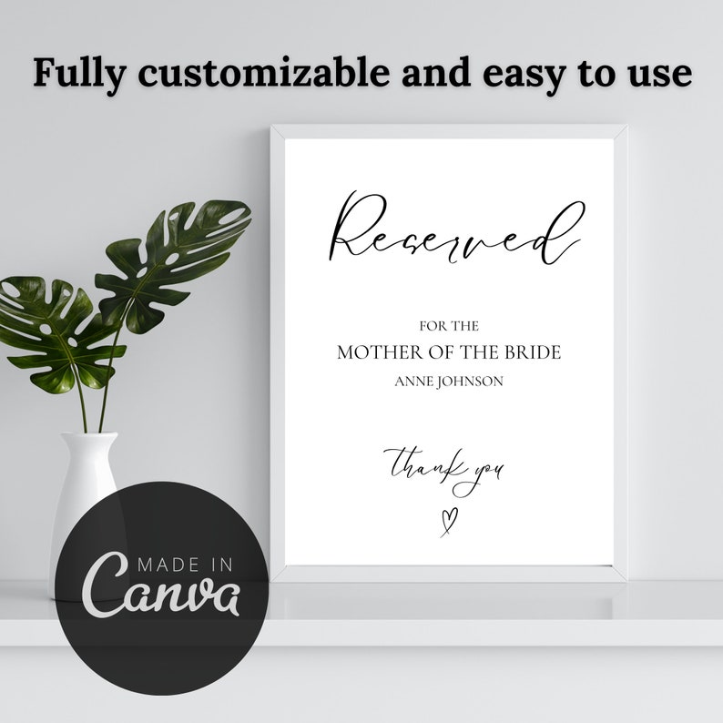 Reserved Sign Wedding, Reserved for Family Wedding Template, Minimalist ...
