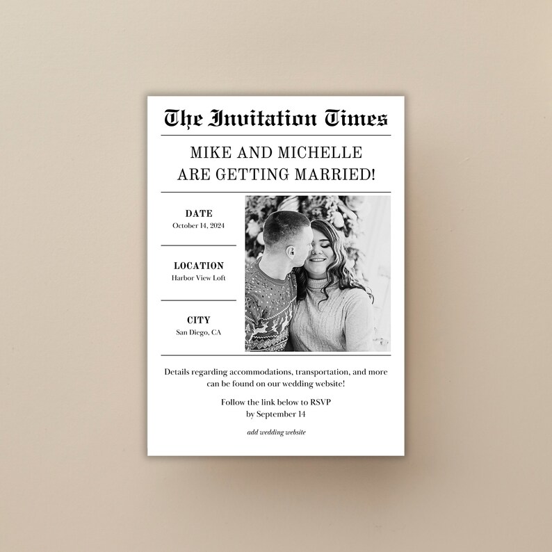 Newspaper Wedding Invitation, Printable Wedding Invites, Wedding RSVP ...