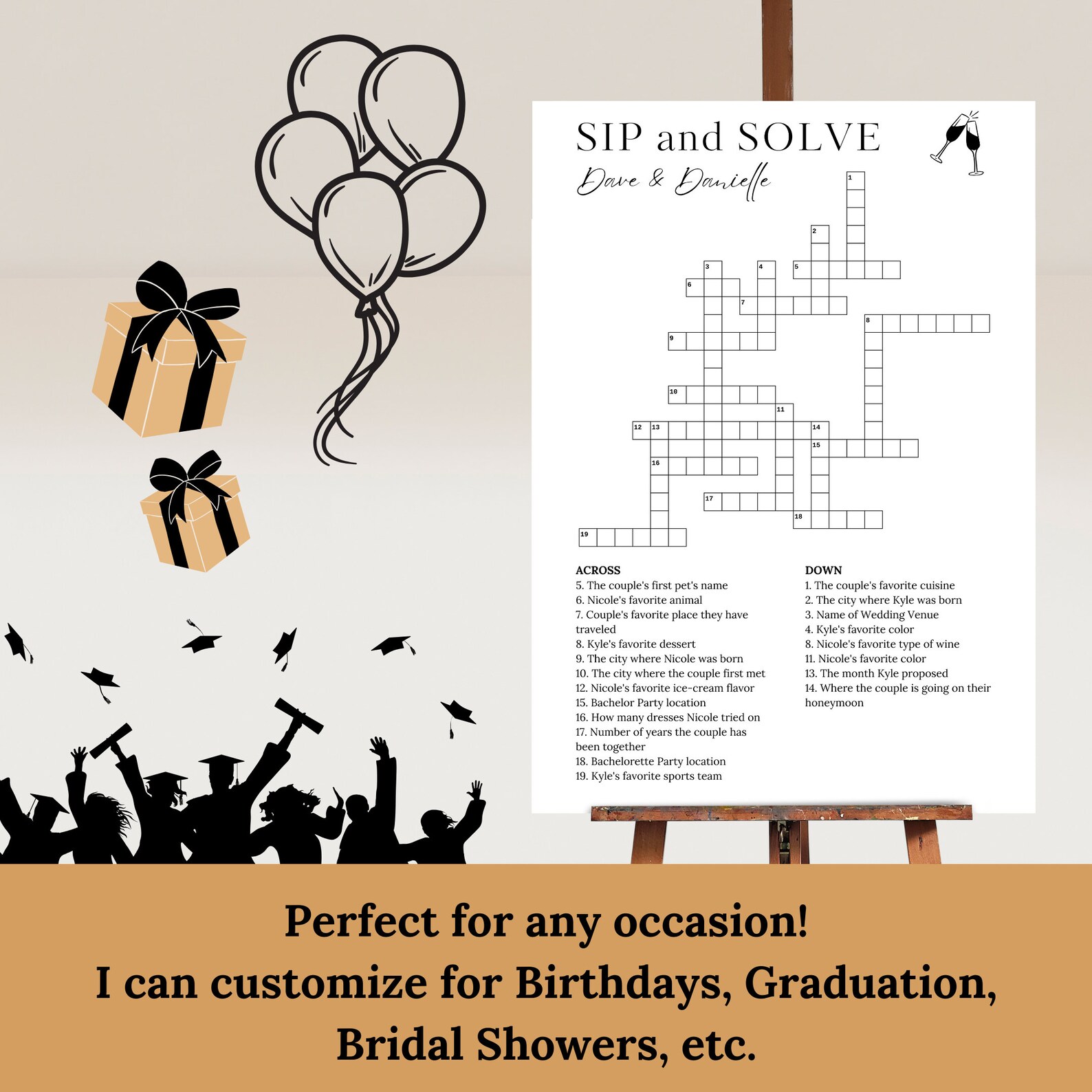 Custom Sip and Solve Wedding Crossword Puzzle, Personalized Bridal ...