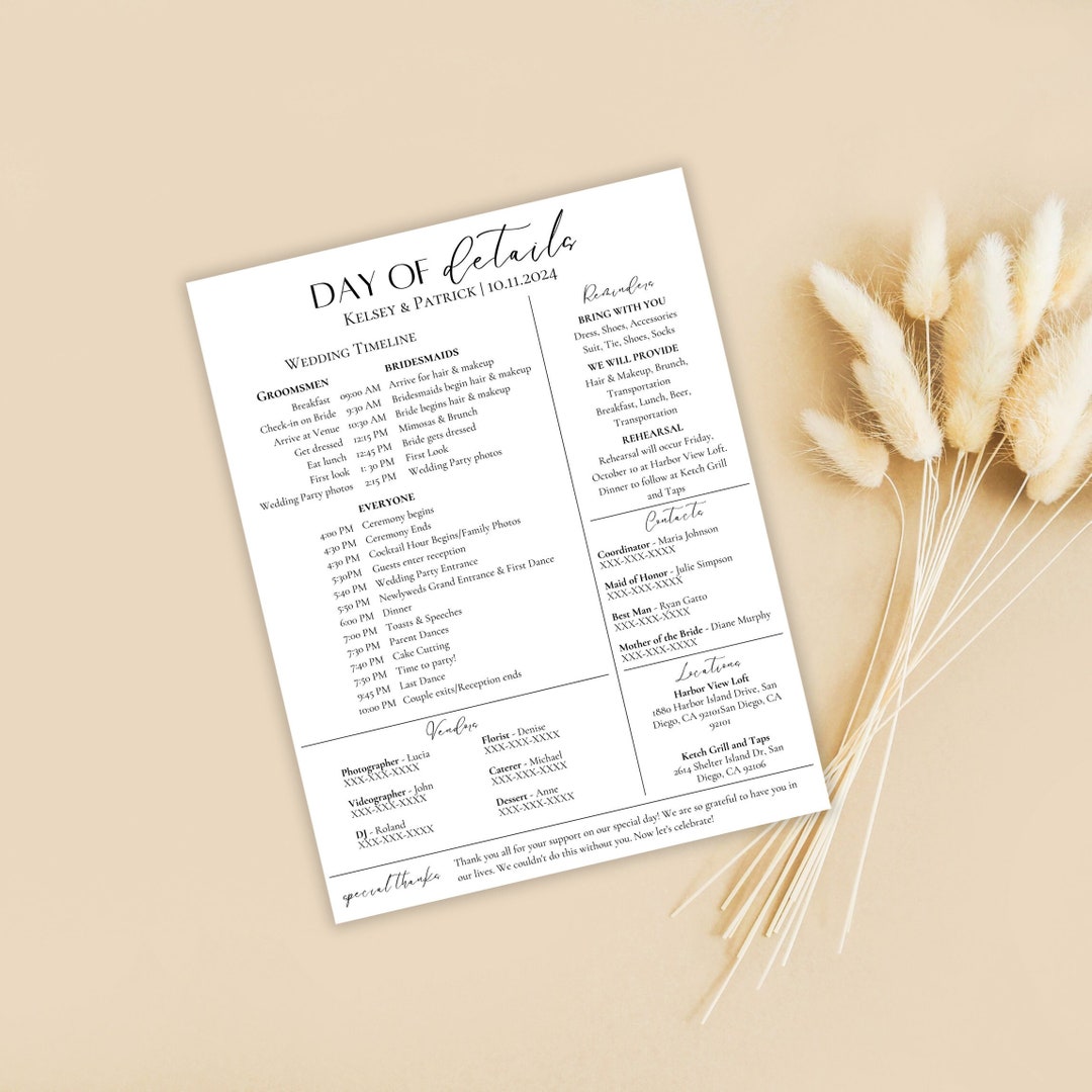 Wedding Day Timeline Template, Wedding Party Details, Editable Wedding ...