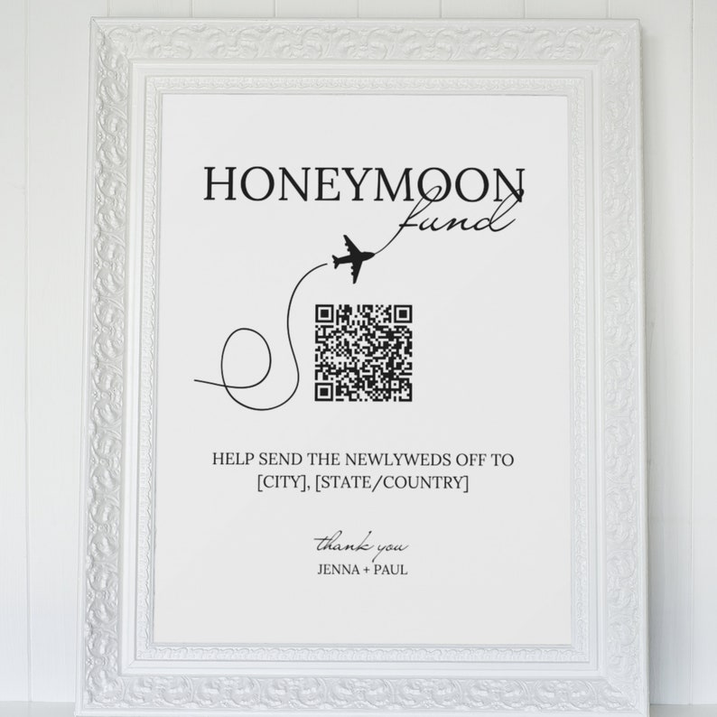 Honeymoon Fund Sign, Honeymoon QR Code Sign, Honeymoon Fund Card ...