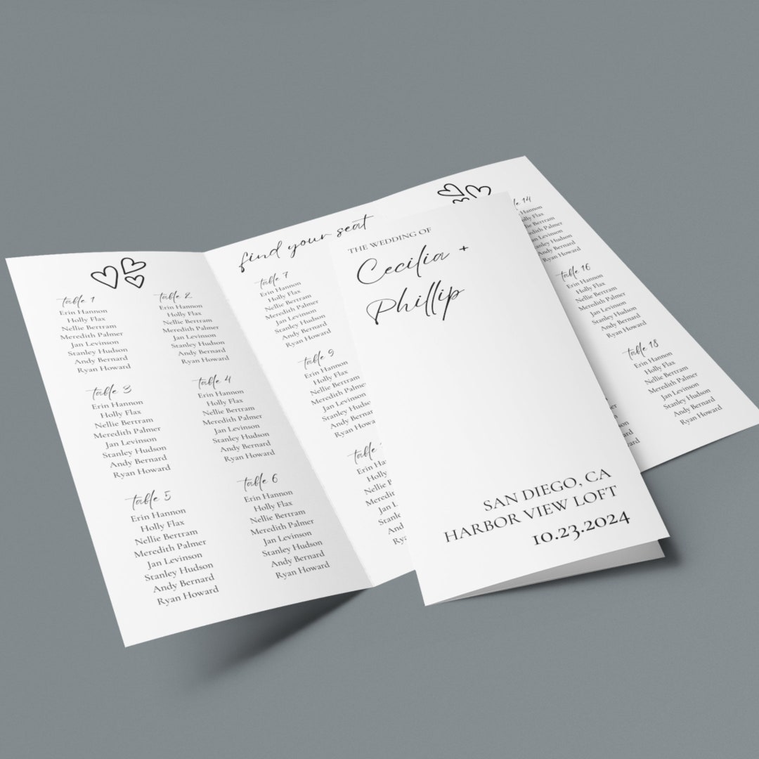 Trifold Wedding Program With Wedding Seating Chart Template, Editable ...