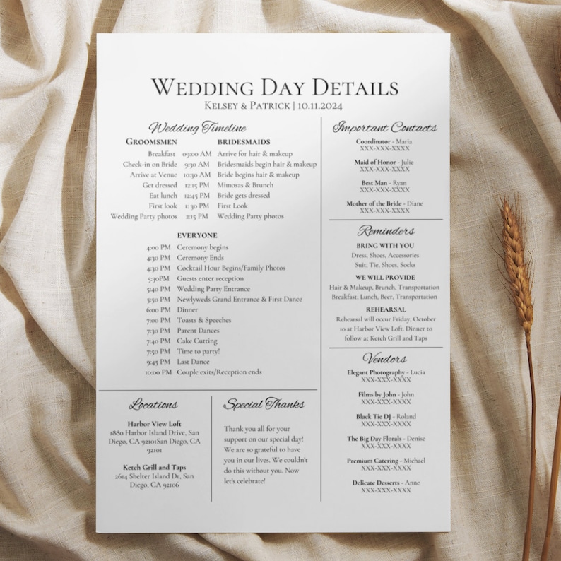 Wedding Day Timeline Template, Printable Wedding Checklist, Editable ...