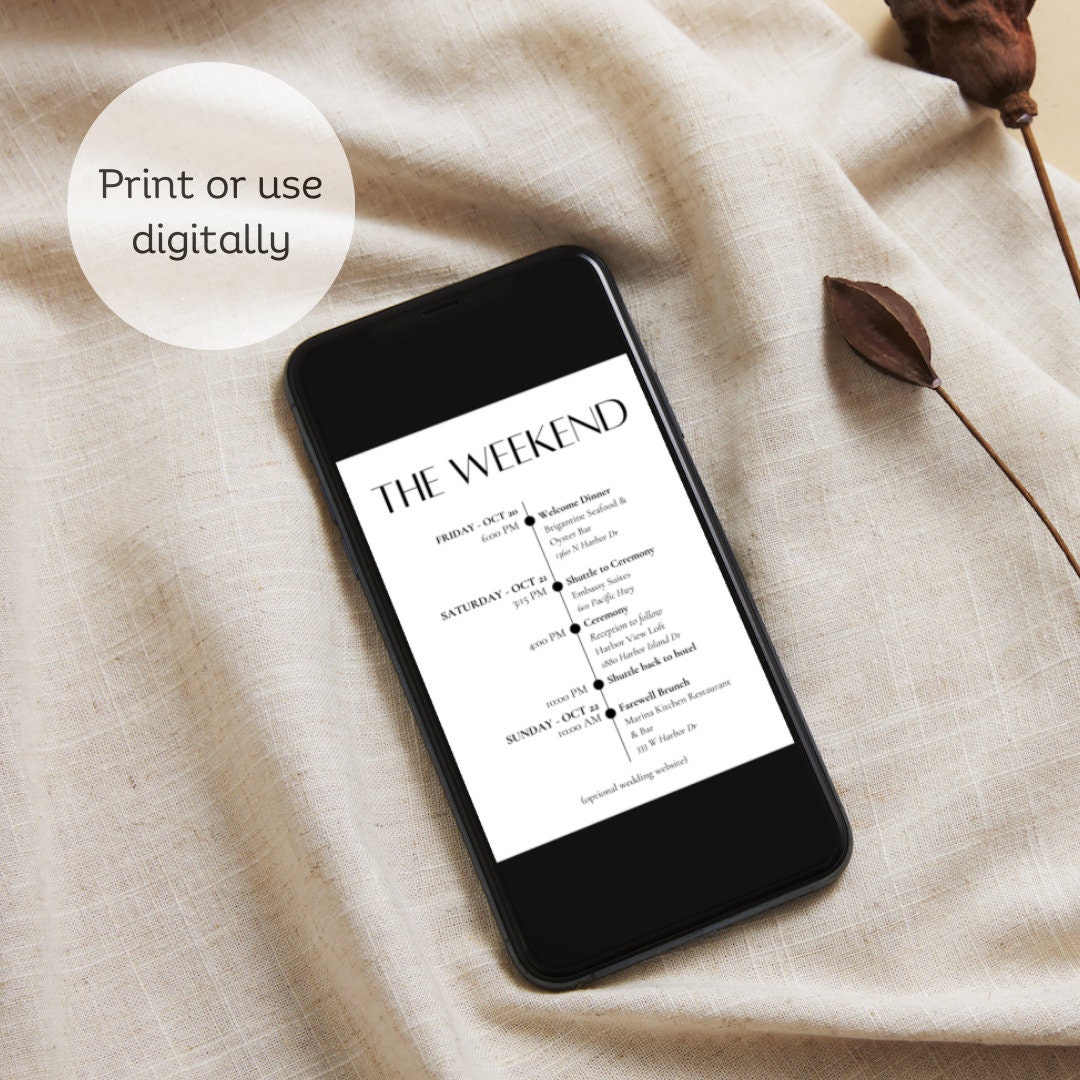 Wedding Weekend Itinerary Template, Minimalist Editable Event Timeline ...