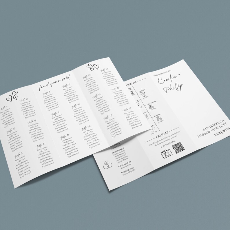 Trifold Wedding Program With Wedding Seating Chart Template, Editable ...