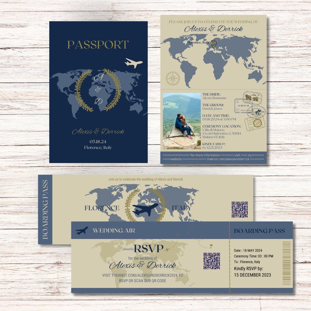 Boarding Pass Wedding Invitation Bundle, Editable Passport Wedding ...