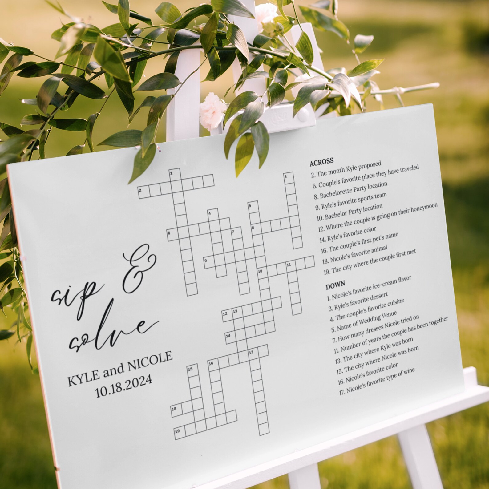 Custom Sip and Solve Wedding Crossword Puzzle, Personalized Large ...