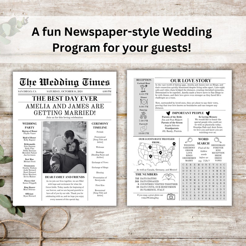 Newspaper Wedding Program Template, Editable Wedding Newspaper Program ...