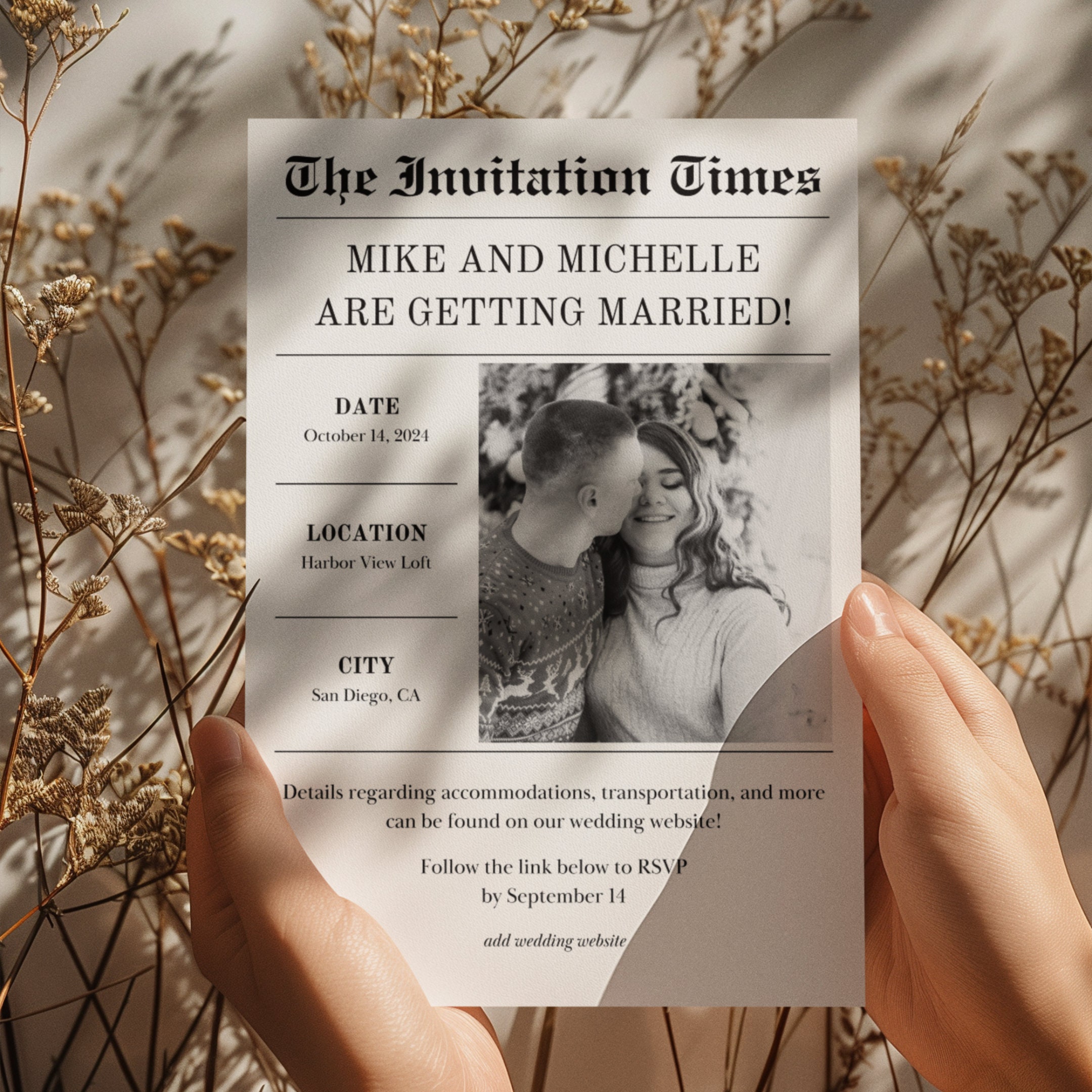 Newspaper Wedding Invitation, Printable Wedding Invites, Wedding RSVP ...
