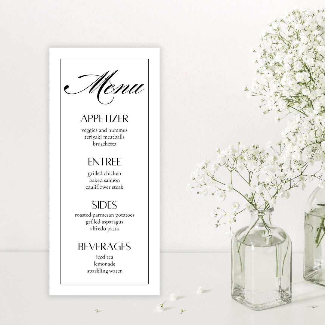 Minimalist Wedding Menu Template, Modern Calligraphy Script Menu ...