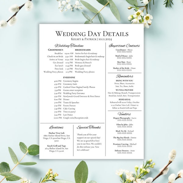 Wedding Day Timeline - Etsy