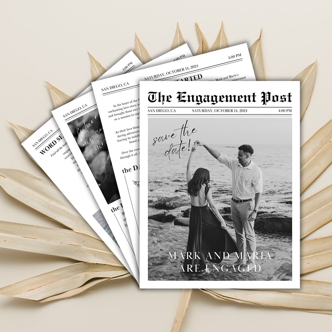 Wedding Engagement Newspaper Template, Save the Date Newspaper Wedding ...