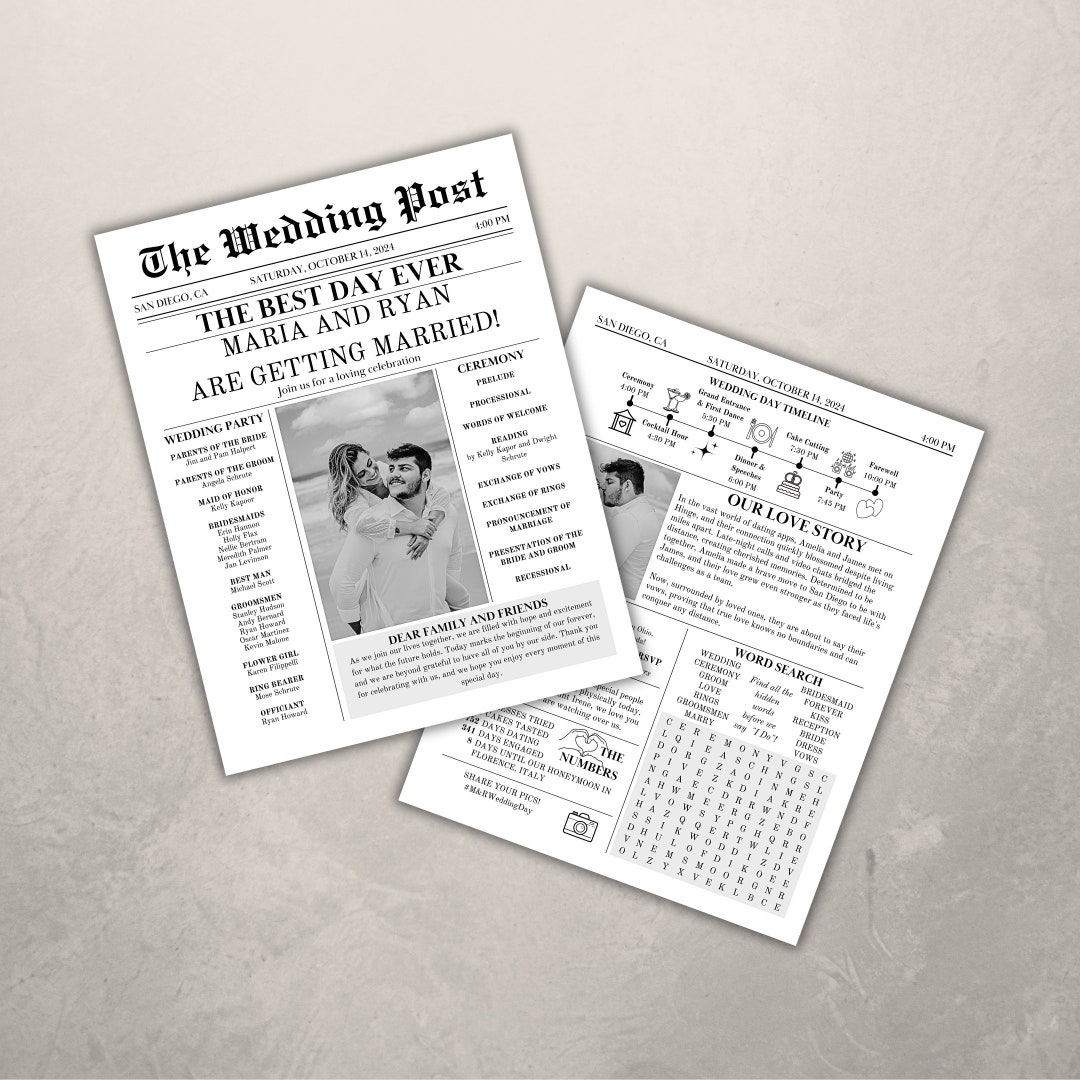 Newspaper Wedding Program Template, Editable Wedding Newspaper Program ...
