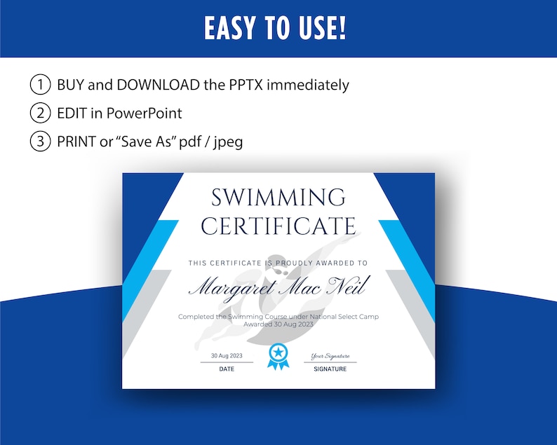 Swimming Award Certificate: Editable Powerpoint Template (instant ...