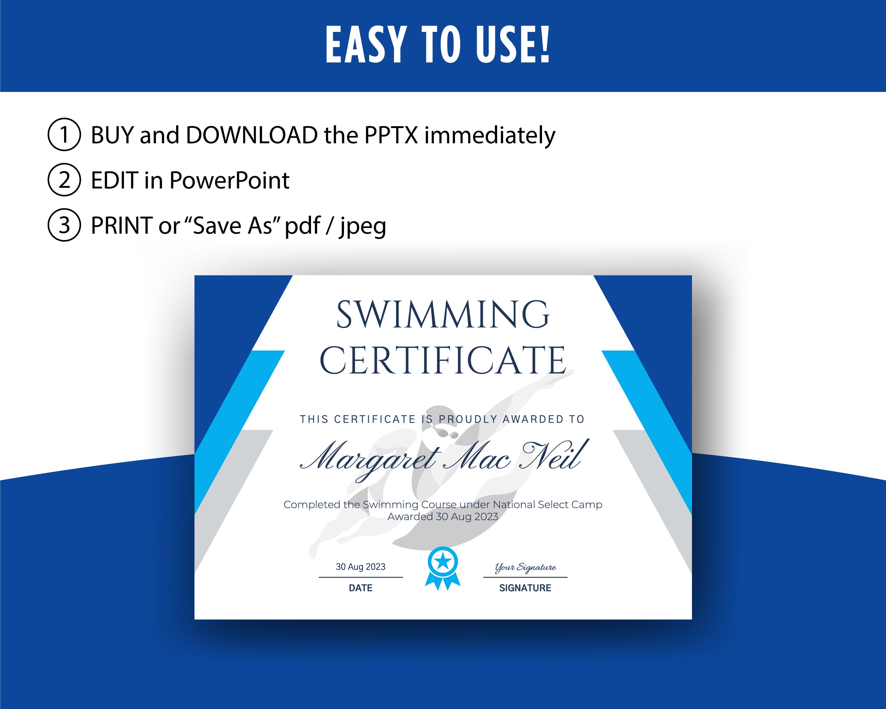 Swimming Award Certificate: Editable Powerpoint Template (instant ...