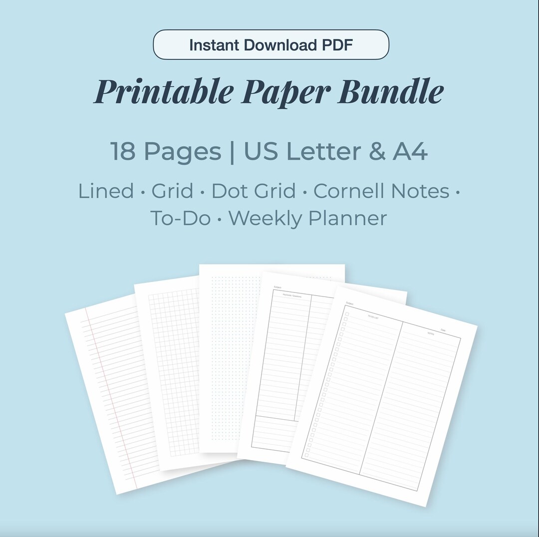 Printable Paper Bundle: Lined, Grid, Dot, Cornell Notes, Planner ...