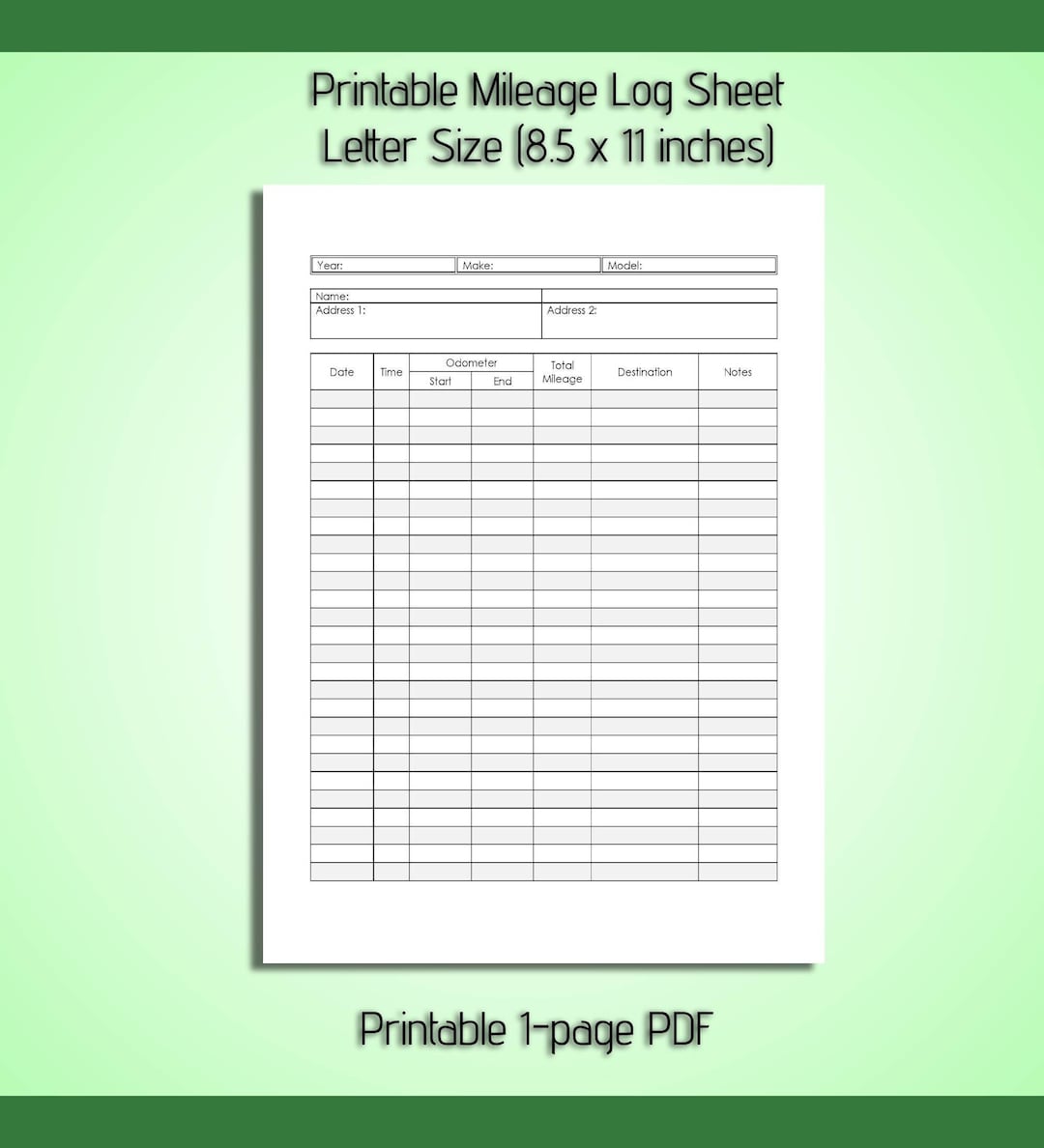 Printable Blank Mileage Log Sheet- 1 Page - Etsy