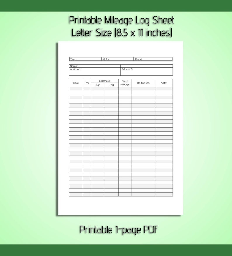 Printable Blank Mileage Log Sheet- 1 Page - Etsy