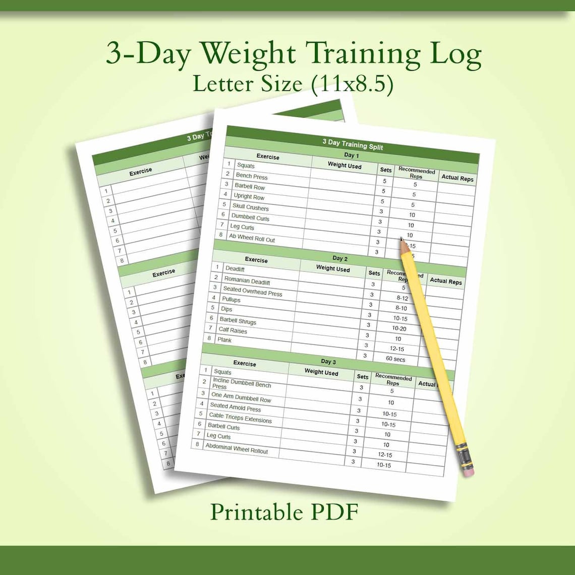 Printable 3-day Weight Training Log - Etsy