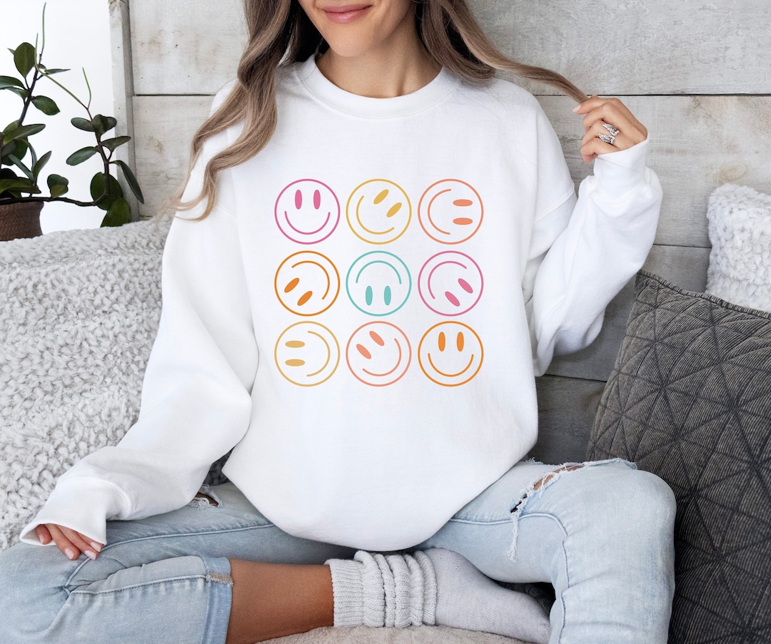 Retro Smiley Face Sweatshirt, Happy Face Sweatshirt, Motivational ...