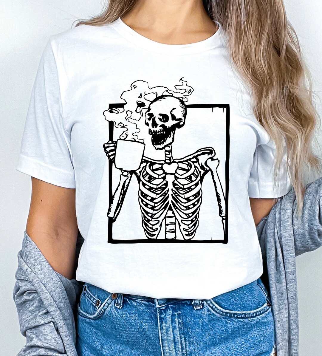 Skeleton Tee, Hot Coffee Skeleton Shirt, Skeletons Halloween Shirt ...