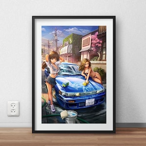 Initial D Impact Blue - Mako and Sayuki Sil80 Car Wash Manga Car Poster ...