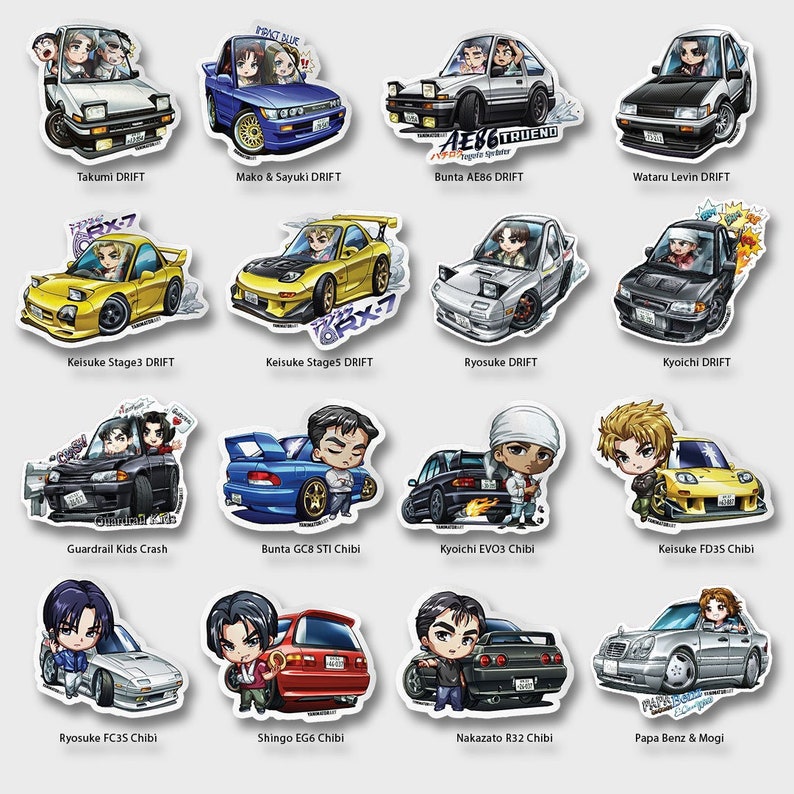 Initial D Character & Cars Cute Chibi Vinyl Stickers AE86 Trueno RX7 ...