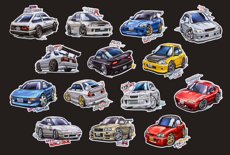Initial D Cars Vinyl Stickers Featuring AE86 Trueno RX7 GTR R32 Evo IV ...