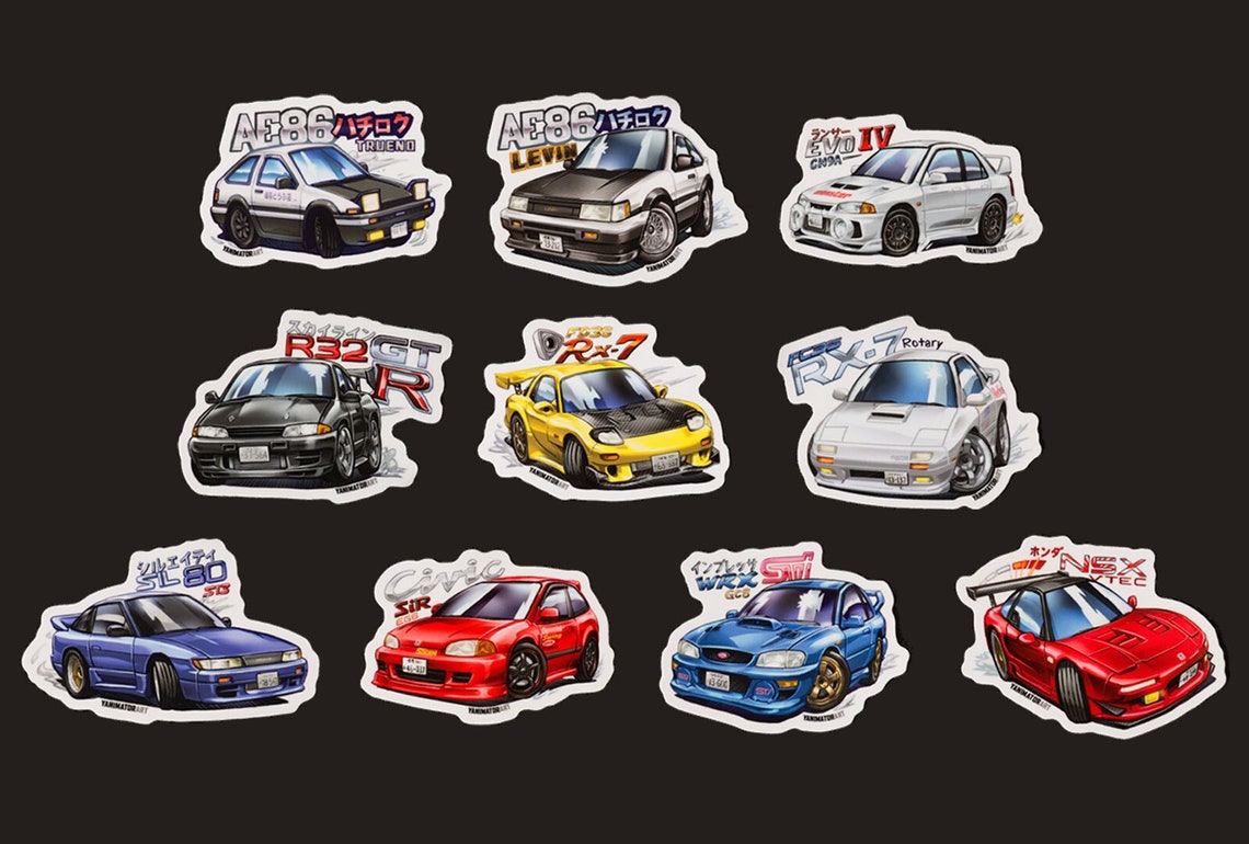 Initial D Cars Vinyl Stickers Featuring AE86 Trueno RX7 GTR R32 Evo IV ...