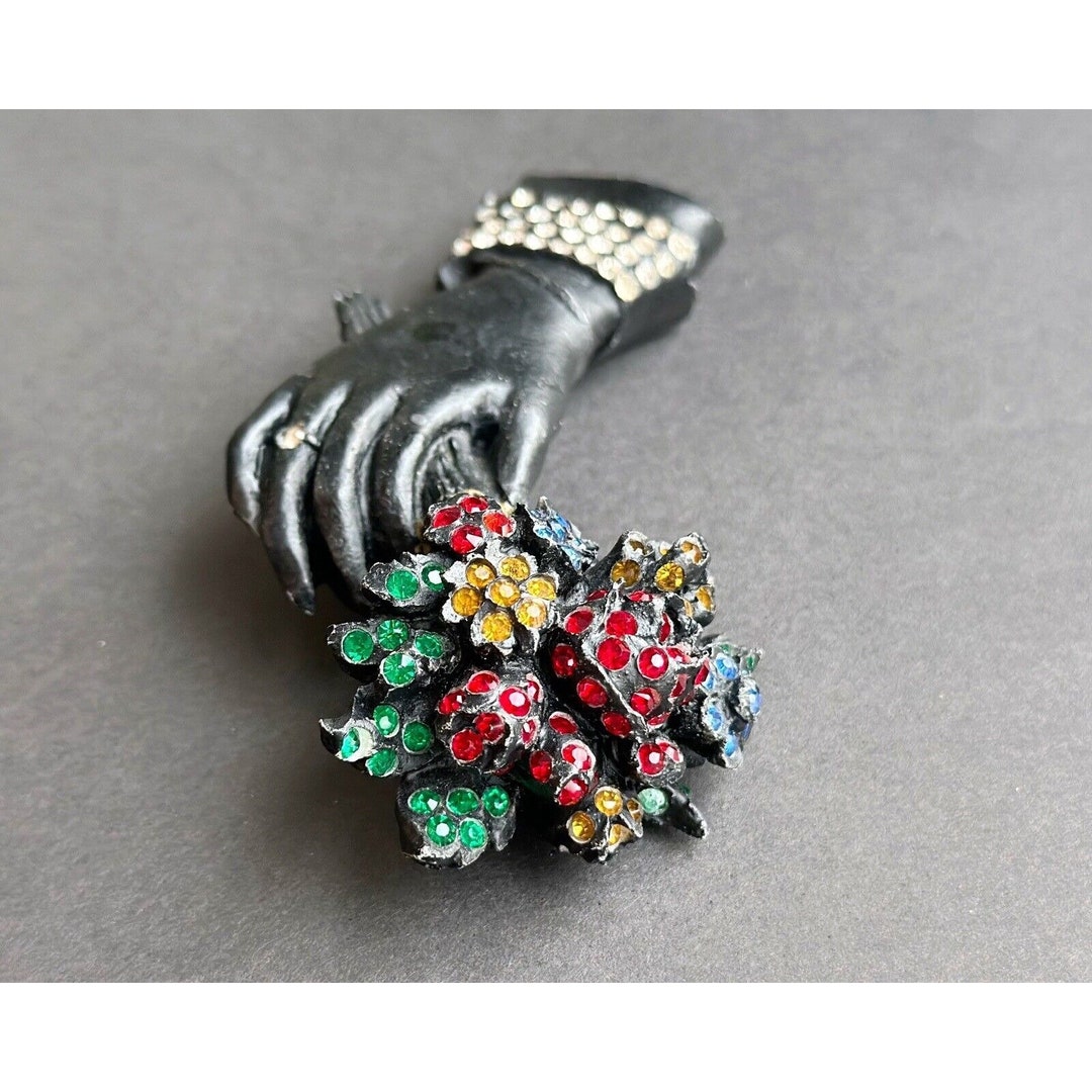 Rare 1940s Figural Hand Brooch Holding A Bouquet of Flowers WOOD ...