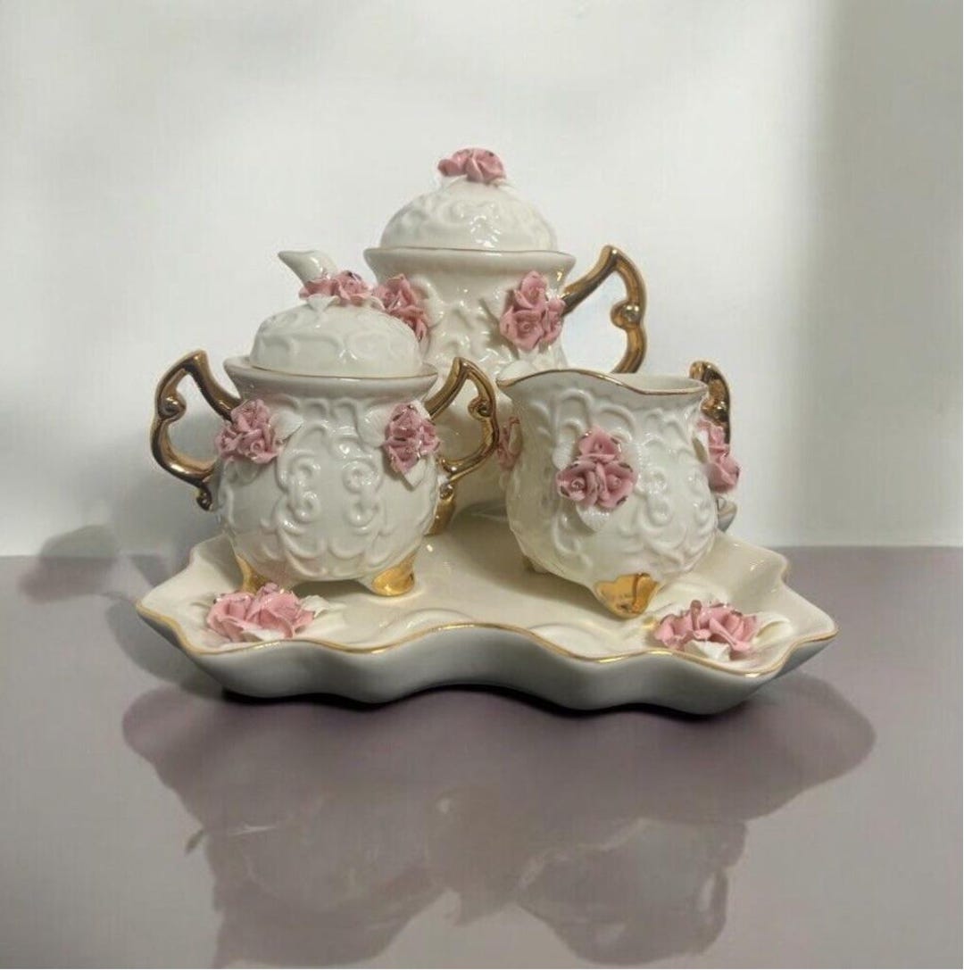 Cracker Barrel Porcelain 6pc Tea Set Pink Roses & Gold Trim - Etsy