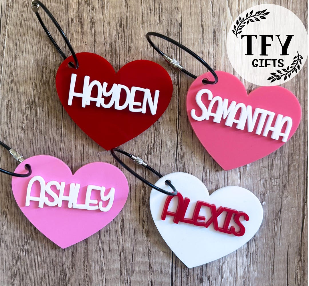 Personalized Valentines Heart Name Tag, Acrylic Heart Keychain ...