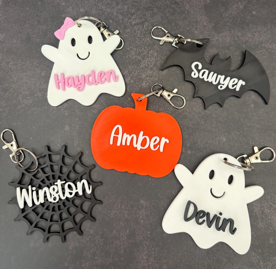 Personalized Ghost Name Tag, Halloween Name Tag, Bat Keychain ...