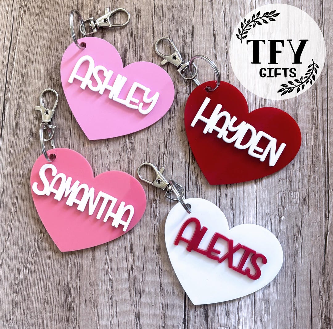 Personalized Valentines Heart Keychain, Acrylic Heart Name Tag ...