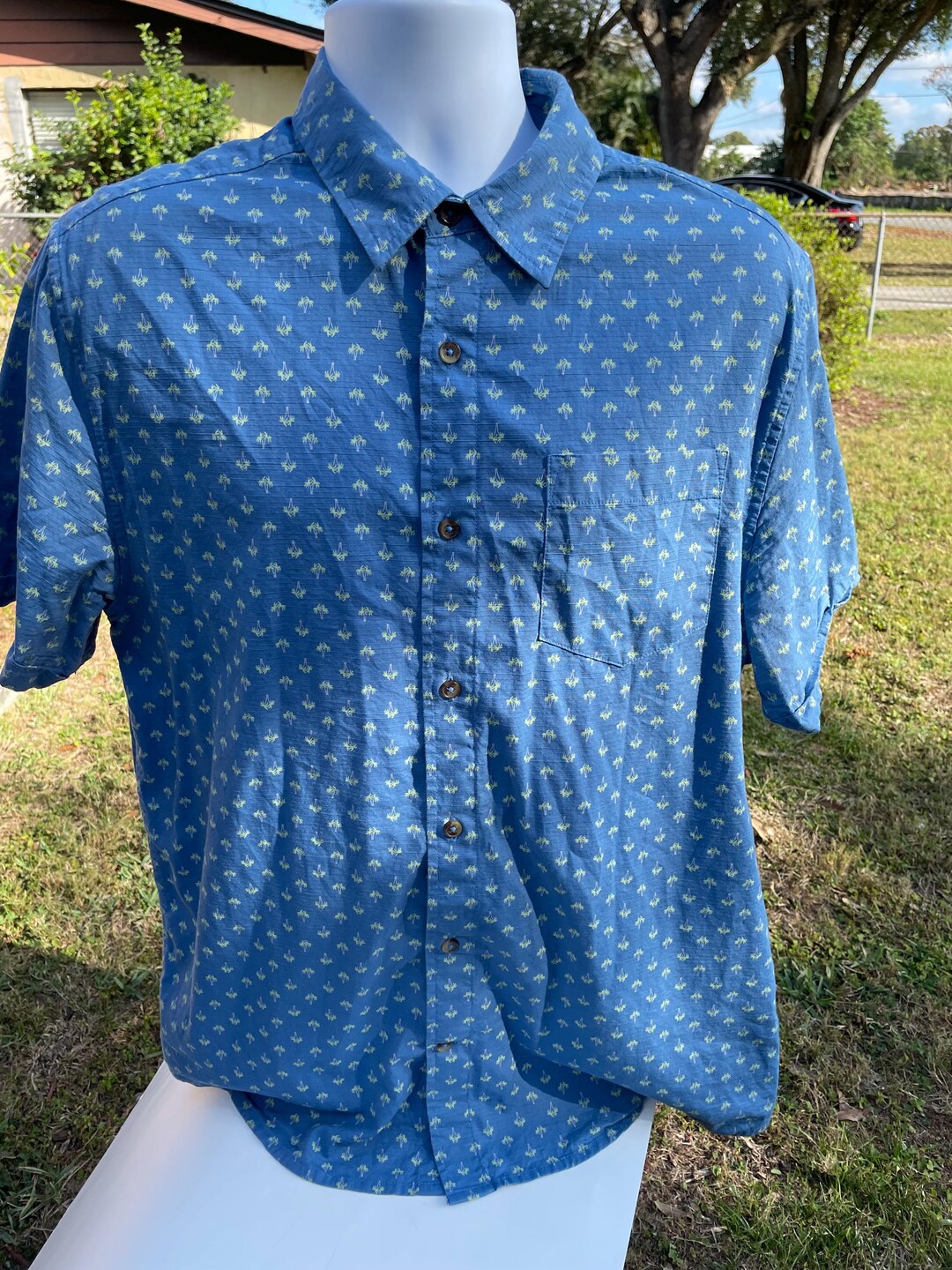 Men's Large Blue Front Pocket Cuff Sleeve Shirt With Tiny Palm Trees - Etsy