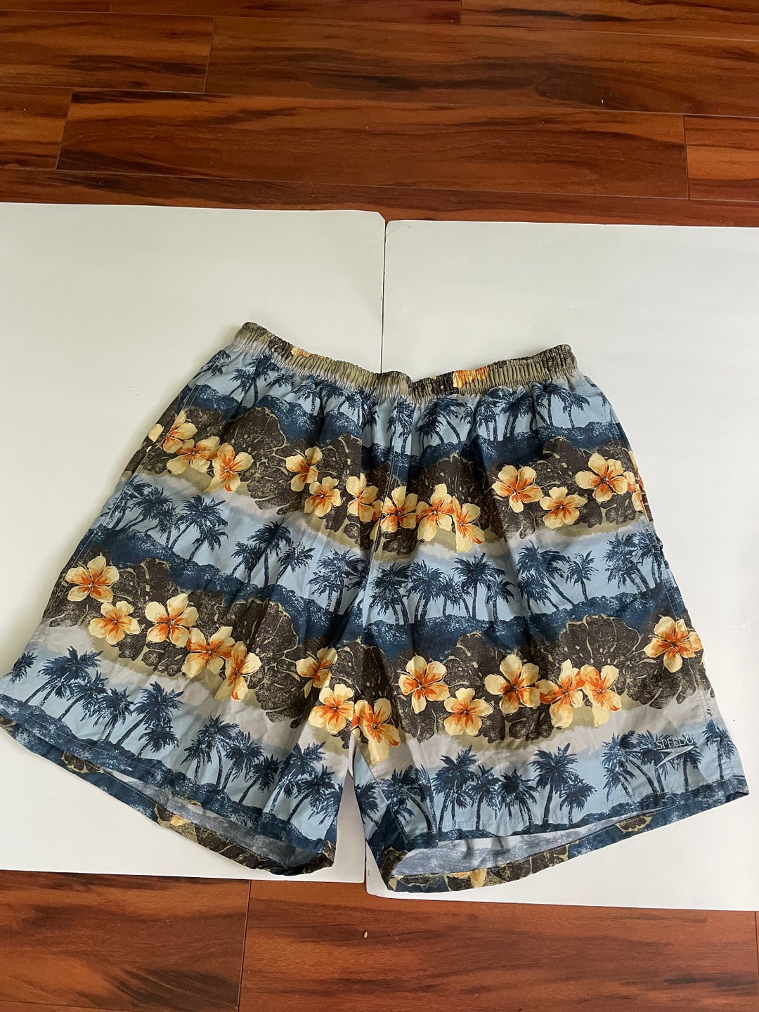 XL Speedo Men's Blue Floral Tropical Draw String Swim Trunks With Side ...