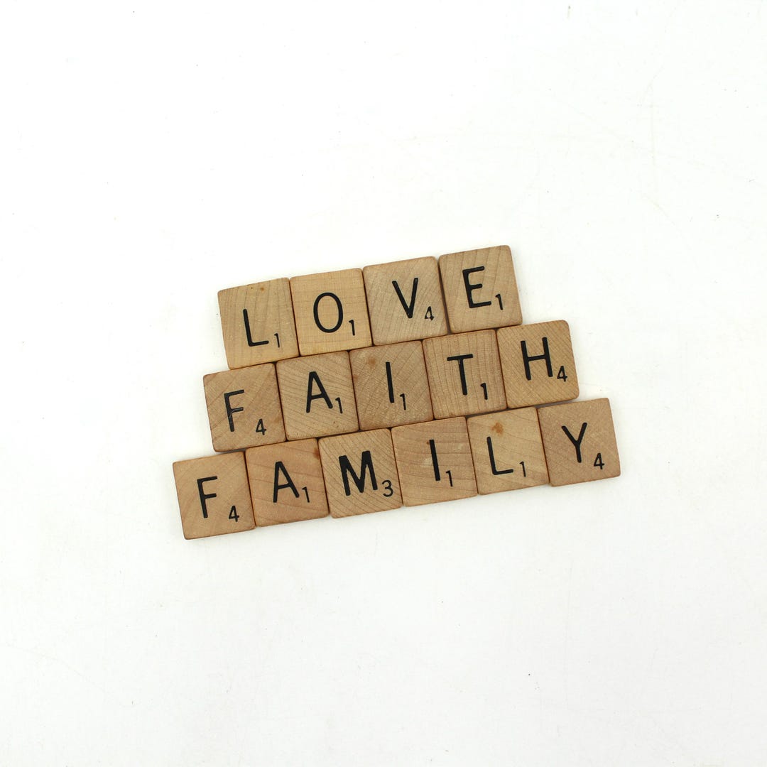 Love, Faith, Family in Vintage Scrabble Letter Tiles - Wood, Words ...