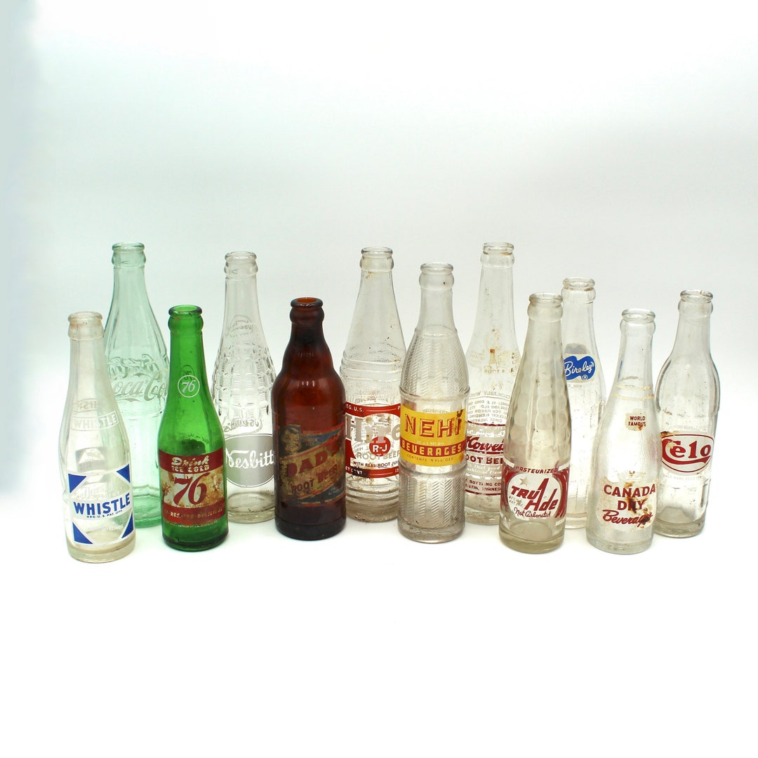 Lot of 12 Vintage Soda Pop Bottles 1950s, 1960s, Glass, Clear, Green ...