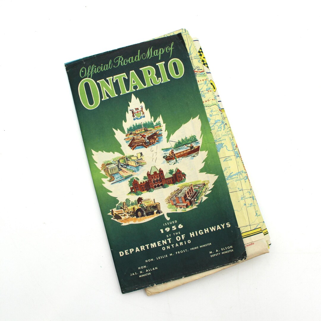 Vintage 1956 Ontario Road Map Canada, Toronto, Ottawa, Old, Antique ...
