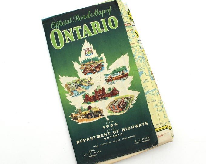 Vintage 1956 Ontario Road Map - Canada, Toronto, Ottawa, Old, Antique ...