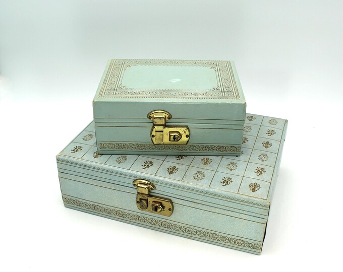 Two Vintage Light Blue Vinyl Jewelry Boxes - Robin's Egg Blue, Satin ...