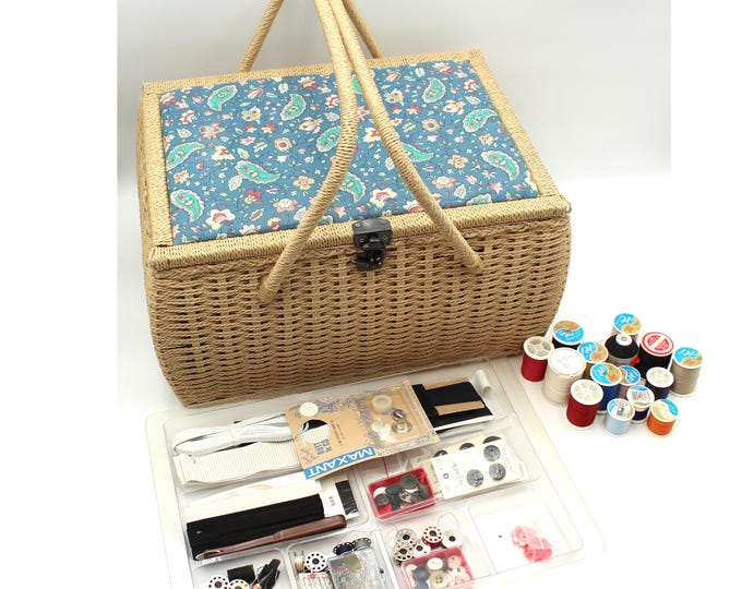 LARGE Vintage Wicker Sewing Basket Full of Craft Notions - Blue, Sewing ...