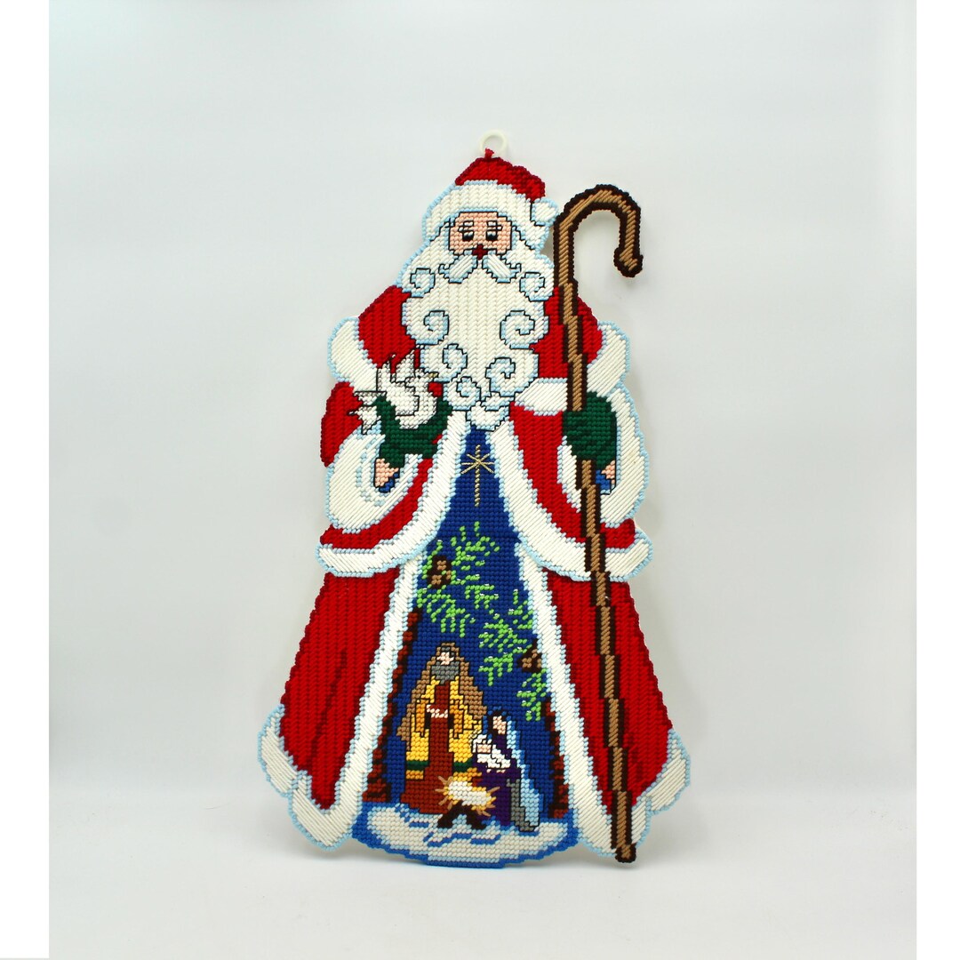Large Vintage Handmade Santa Claus and Holy Family Nativity Needlepoint ...