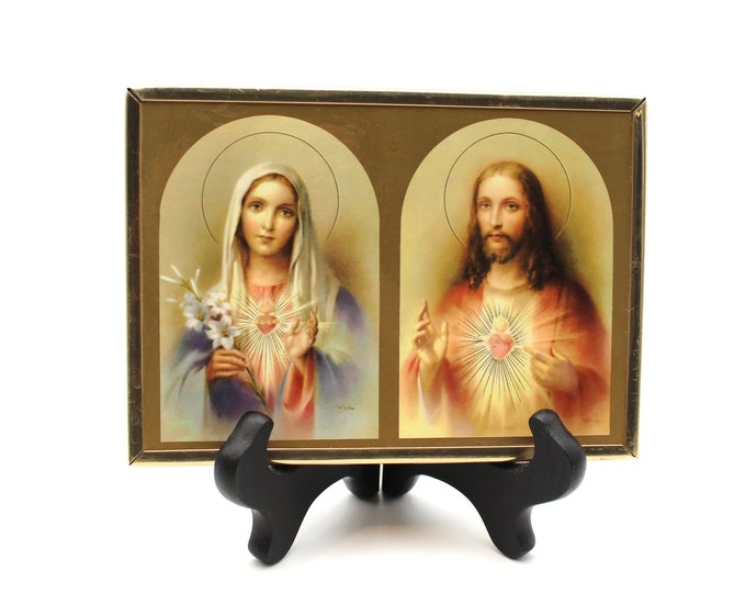 Vintage Jesus and Mary Sacred Heart Picture - Lithograph, Wall Art ...